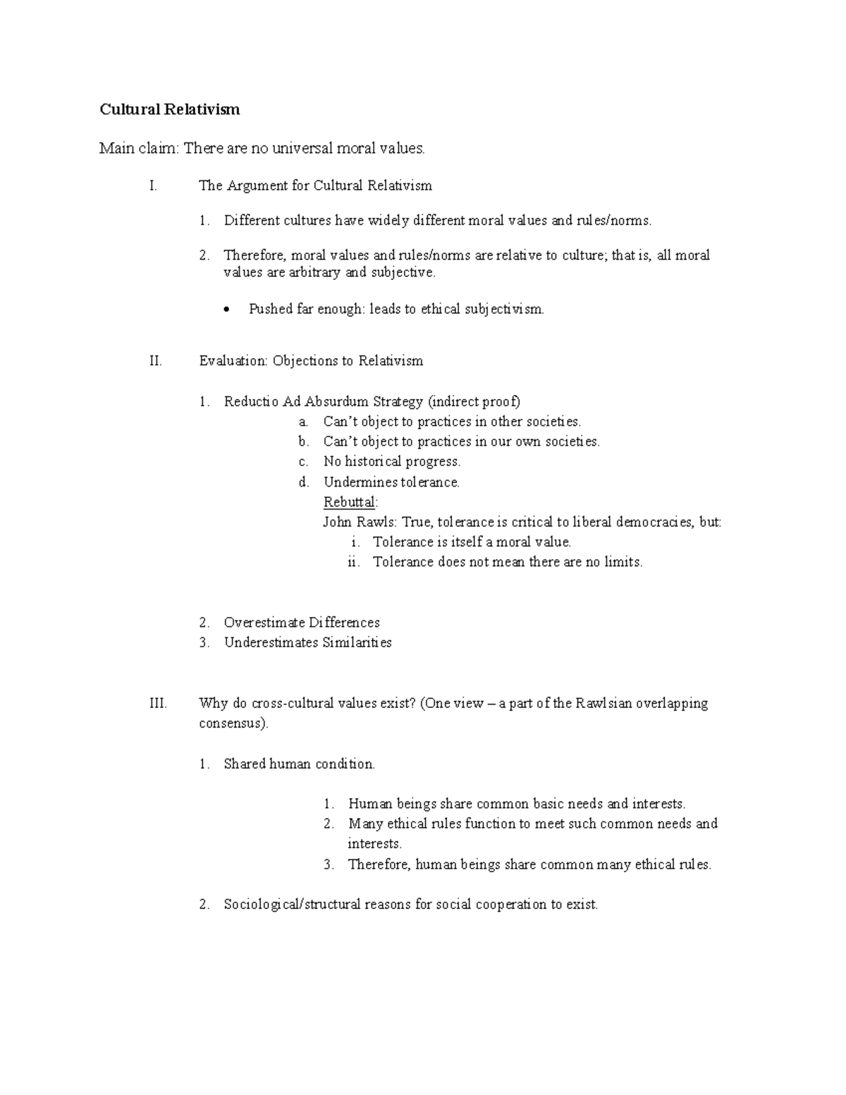 Cultural relativism note for class - Cultural Relativism Main claim ...