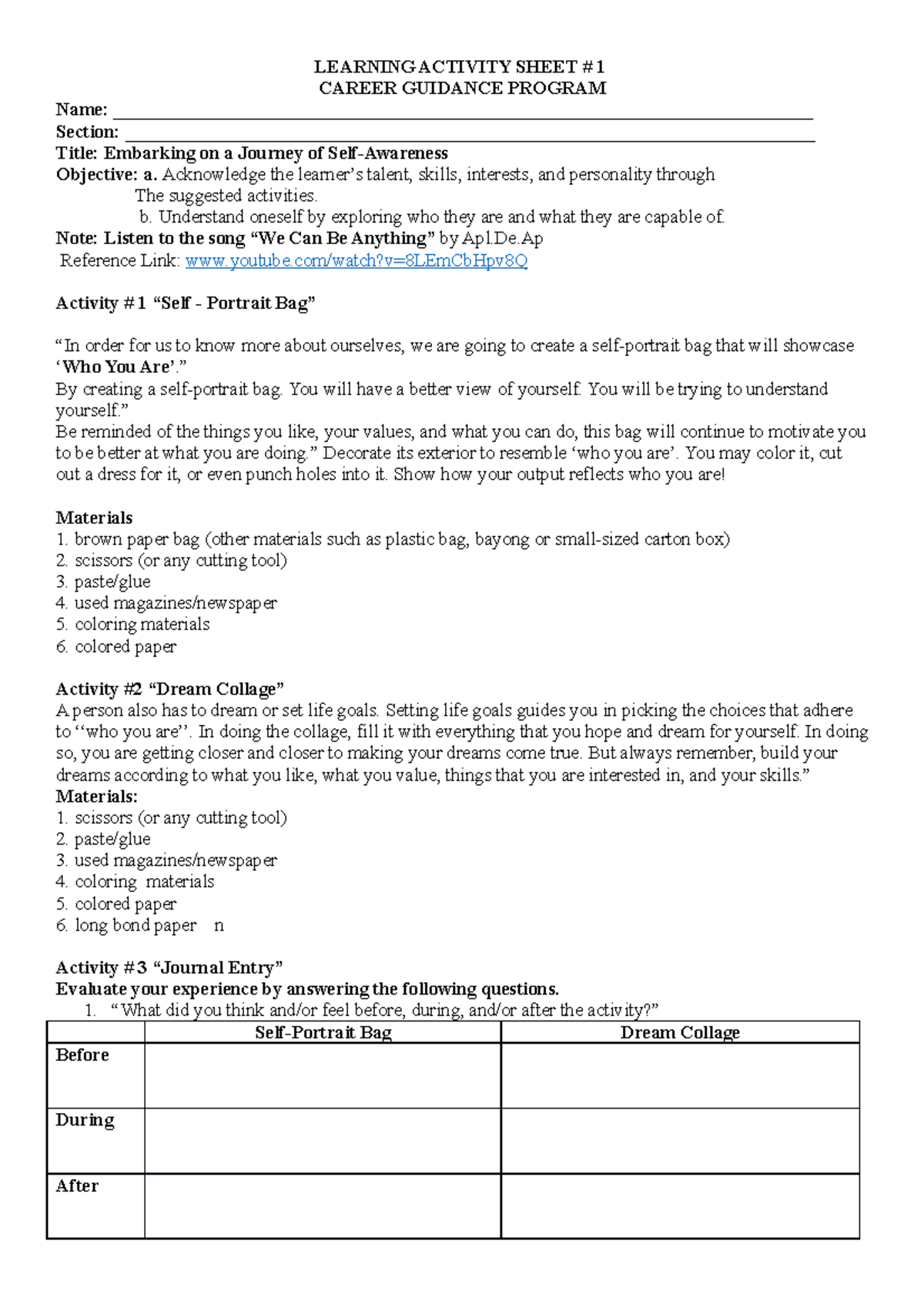 Career Guidance Program LAS no 1 - LEARNING ACTIVITY SHEET # 1 CAREER ...