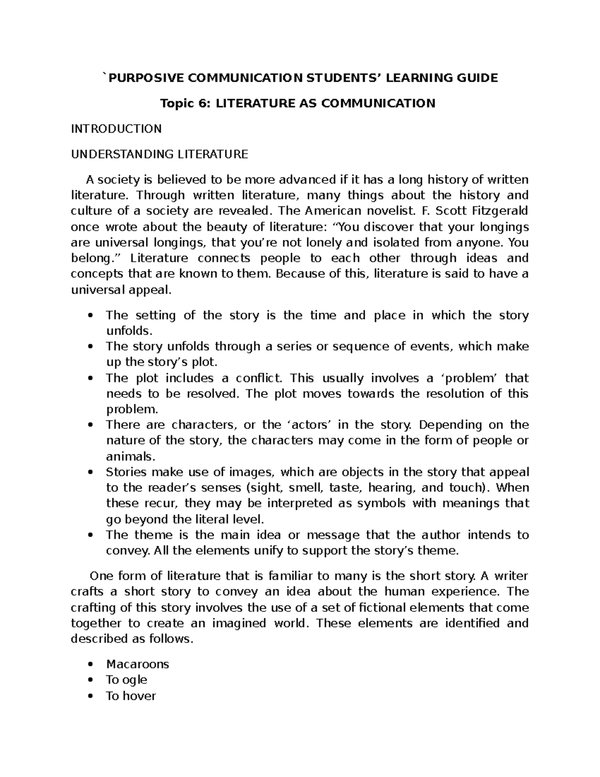 Module 4 Communication in Various Purposes Lesson 6 Literature AS Communication - `PURPOSIVE ...