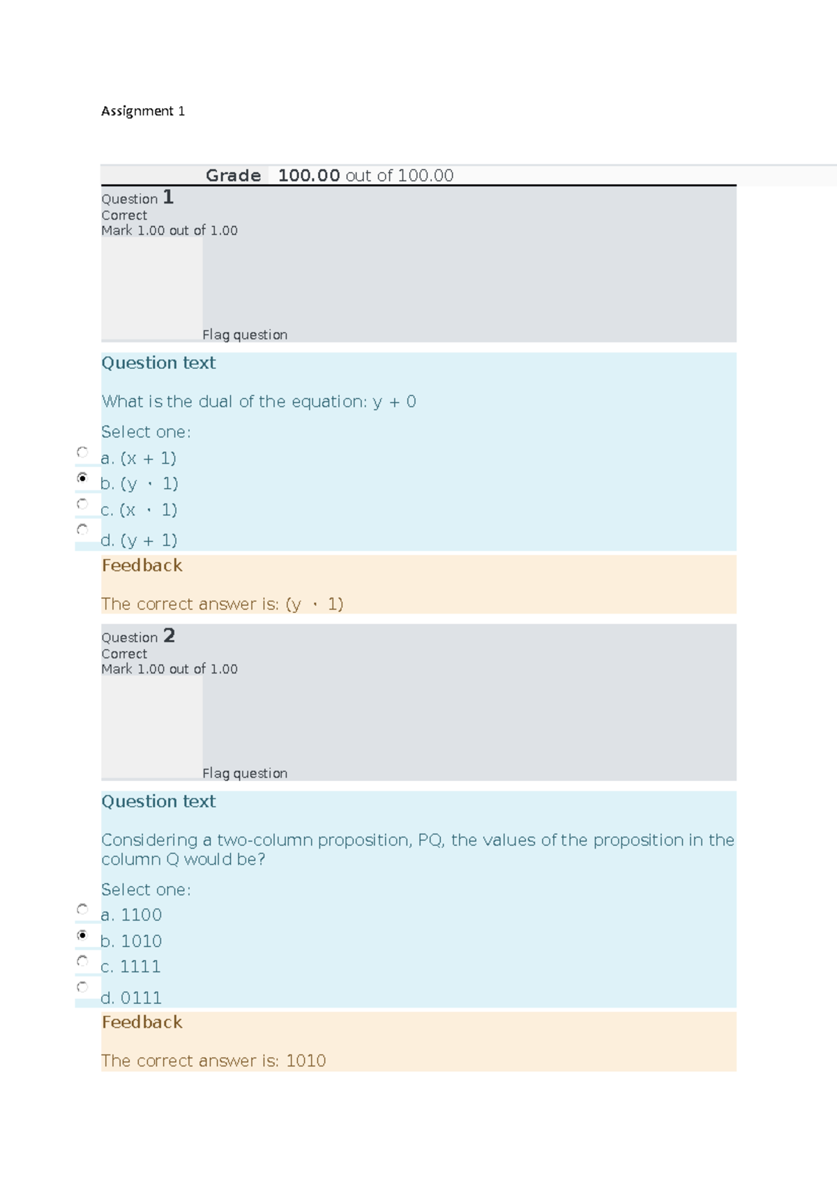 Math 511.docx with Answ - Assignment 1 Grade 100 out of 100. Question 1 Correct Mark 1 out of 1 ...