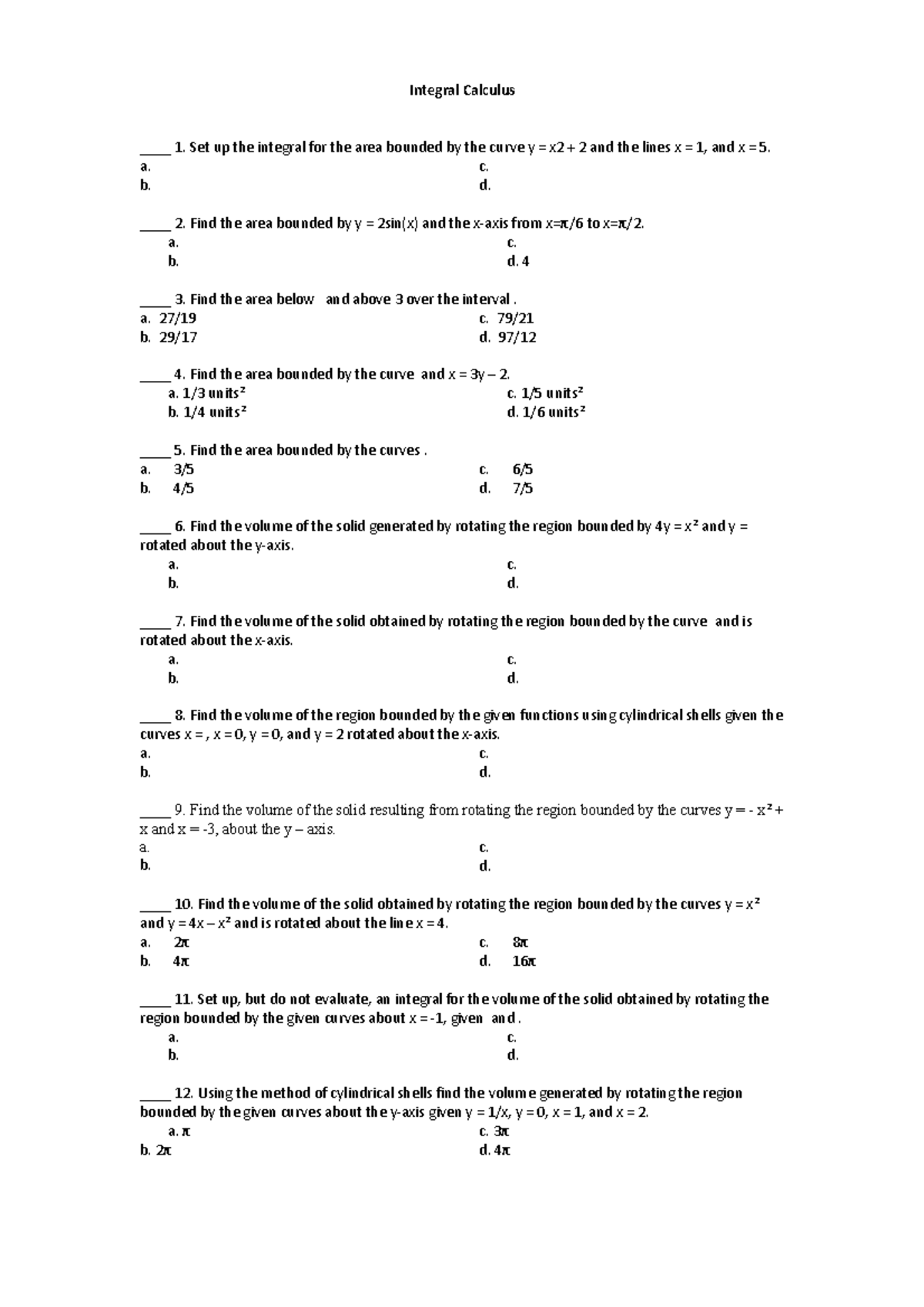 LONG EXAM 5 - Applications of Integrals - areas bounded by curves, volumes - Integral Calculus ...