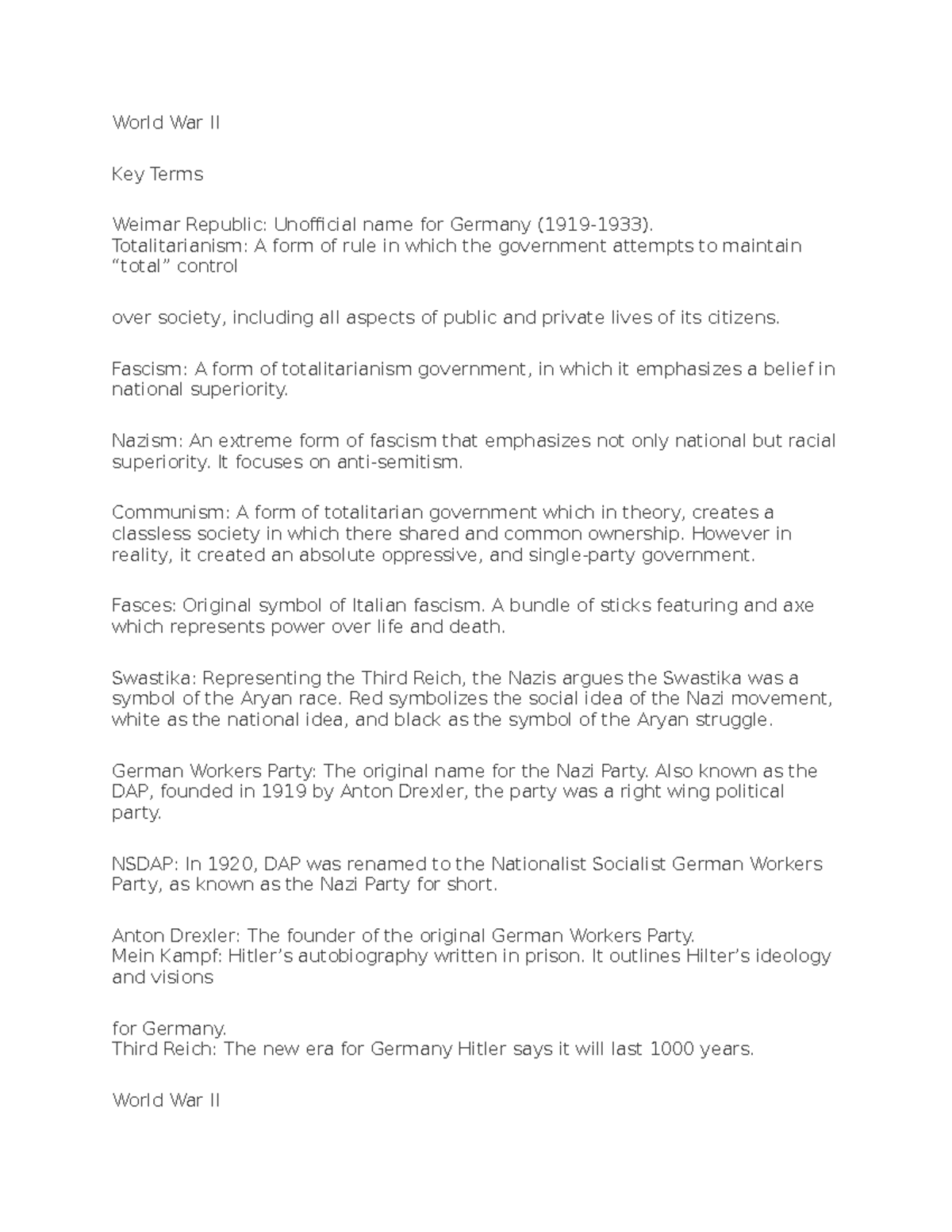 Key terms grade 10 history ww2 - World War II Key Terms Weimar Republic ...
