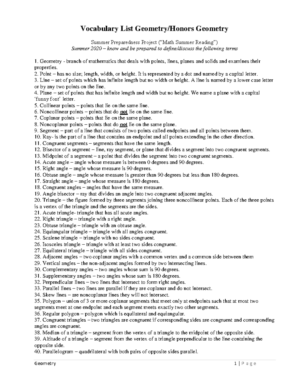 Geometry 2020 Vocabulary List - Vocabulary List Geometry/Honors ...