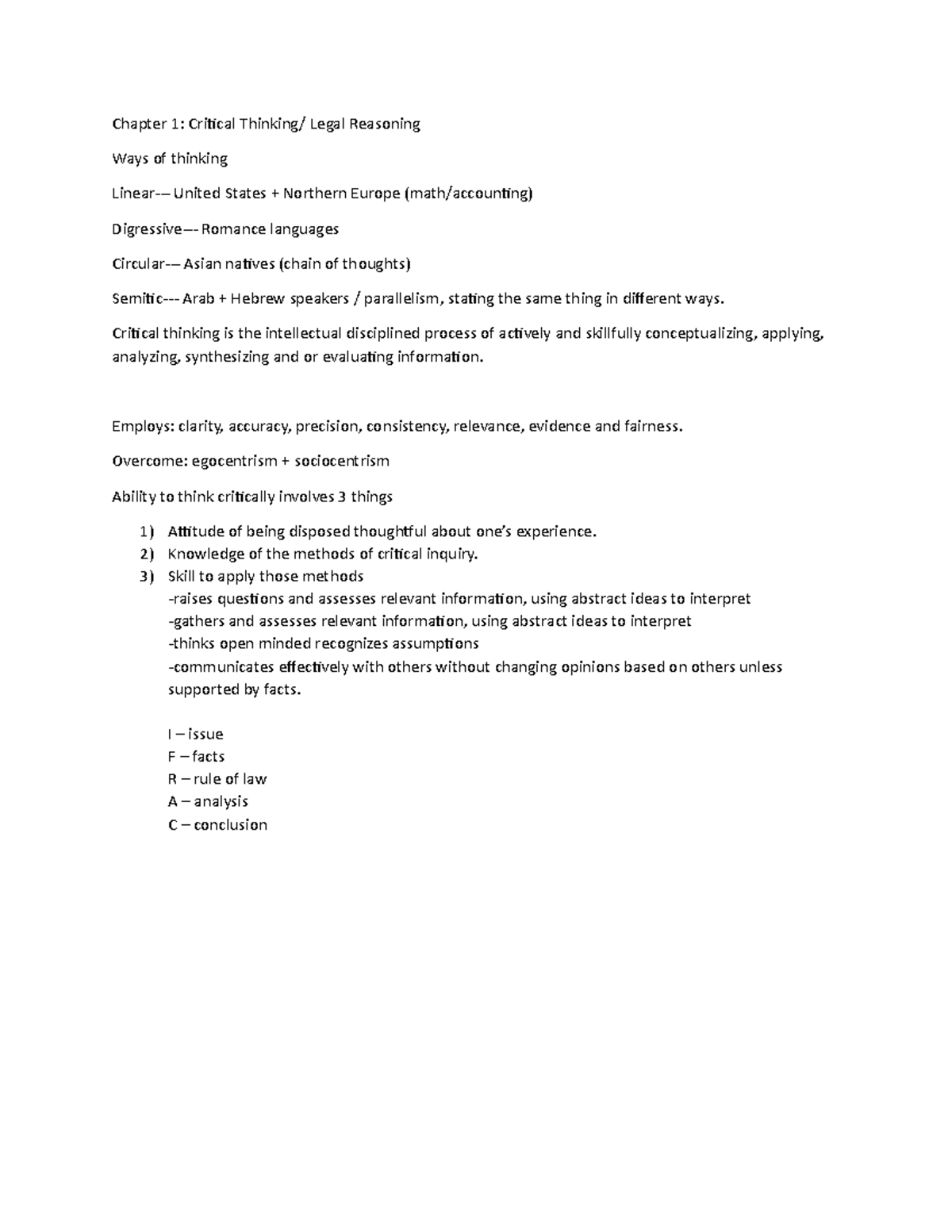 Chapter 1 notes - Chapter 1: Critical Thinking/ Legal Reasoning Ways of ...