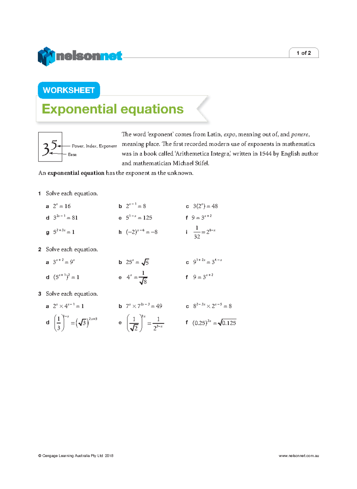 Exponential equations - © Cengage Learning Australia Pty Ltd 2018 ...