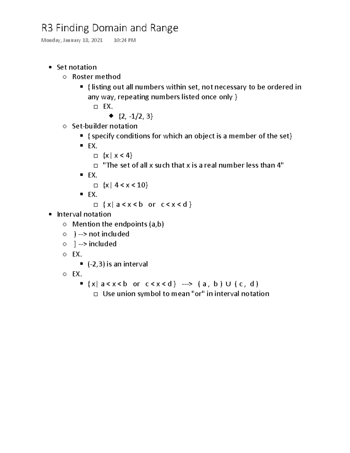 R3 Finding Domain and Range - Set notation Roster method { listing out ...
