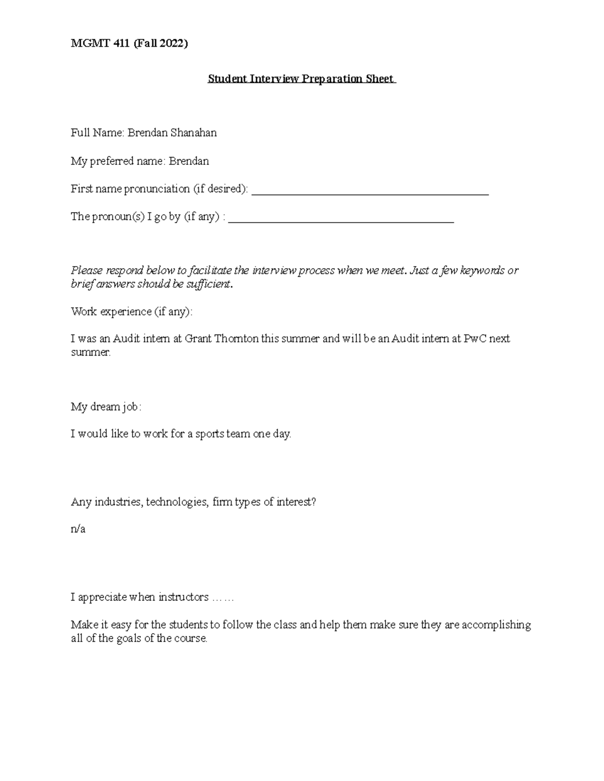 Stuent Interview Preparation Sheet - MGMT 411 (Fall 2022) Student ...