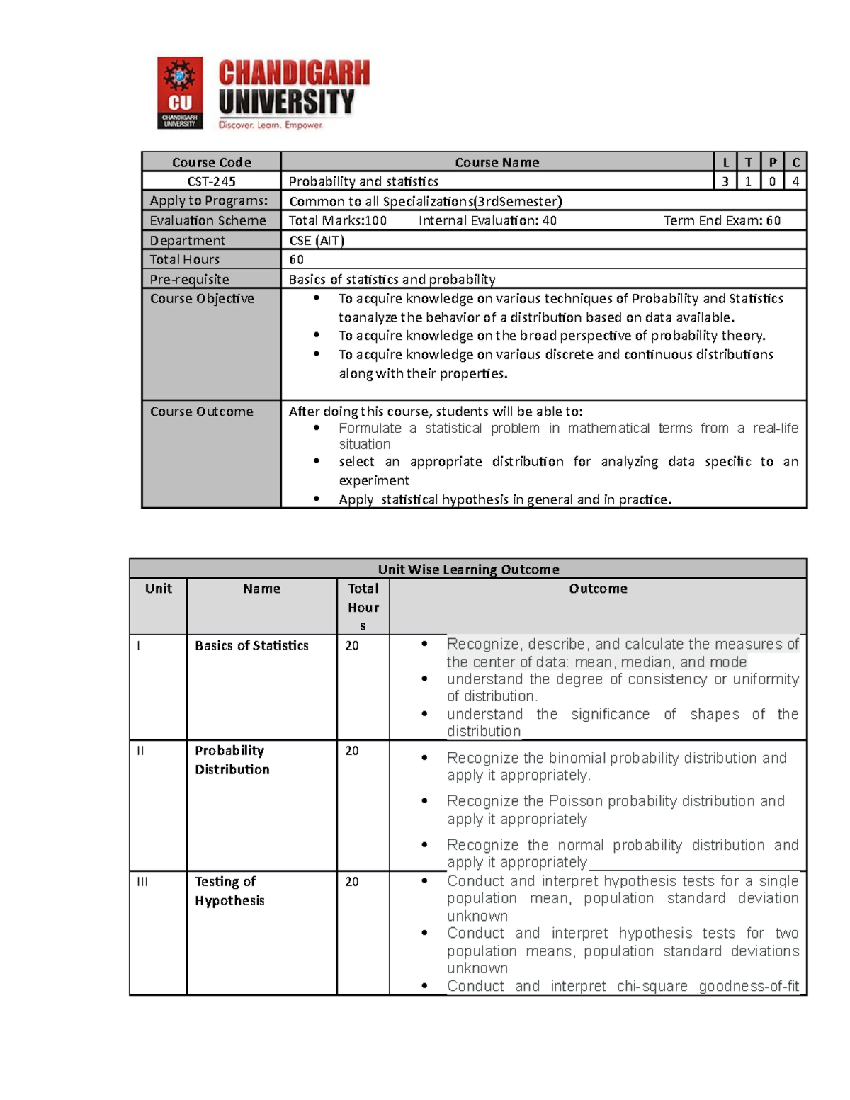 Syllabus probability and statistics - Course Code Course Name L T P C ...