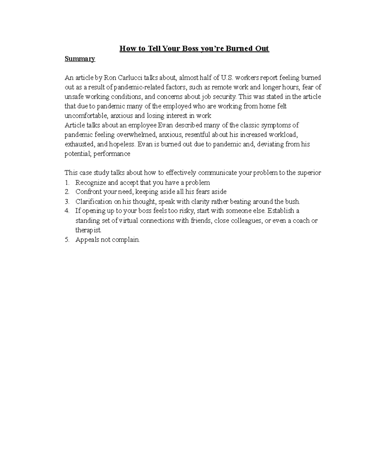 HRM Article review - How to Tell Your Boss you’re Burned Out Summary An ...