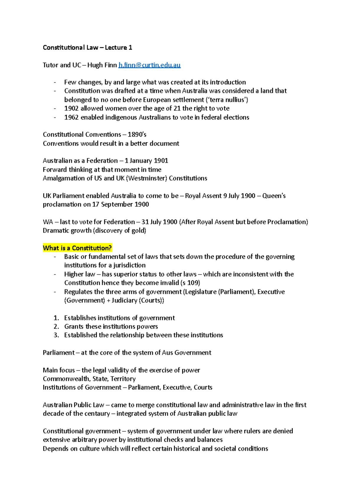 Constitutional Law - Lecture 1 Notes - Consituional Law – Lecture 1 ...