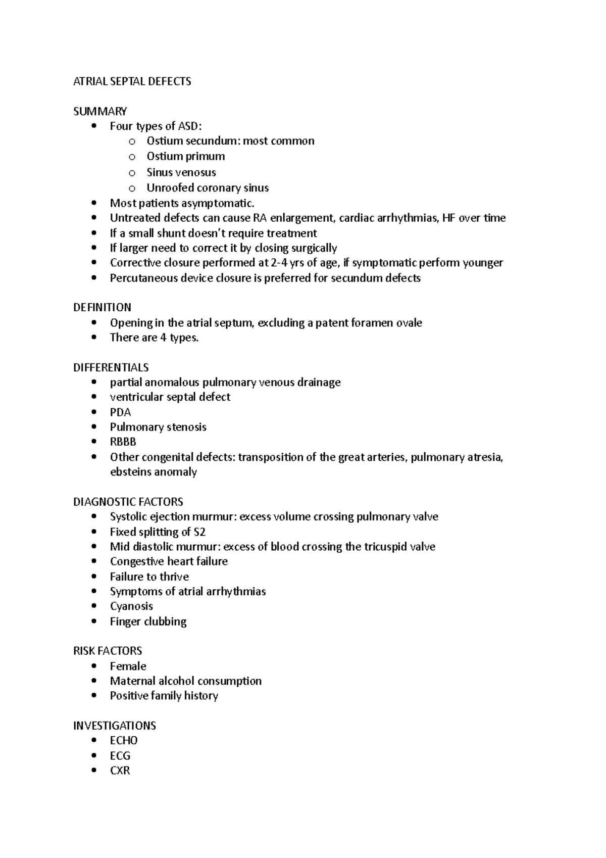 Atrial Septal Defects - ATRIAL SEPTAL DEFECTS SUMMARY Four types of ASD ...