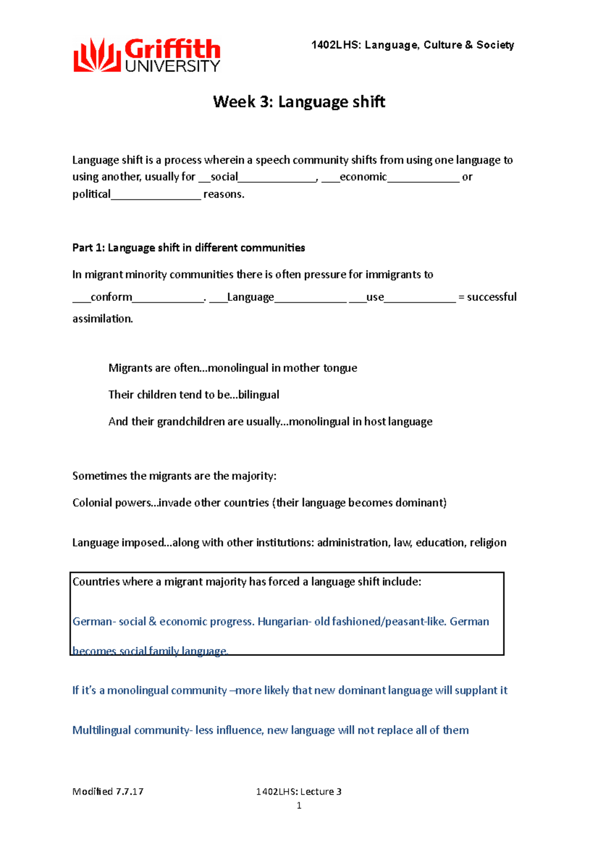 1402 lecture 3 handout - 1402LHS: Language, Culture & Society Week 3 ...