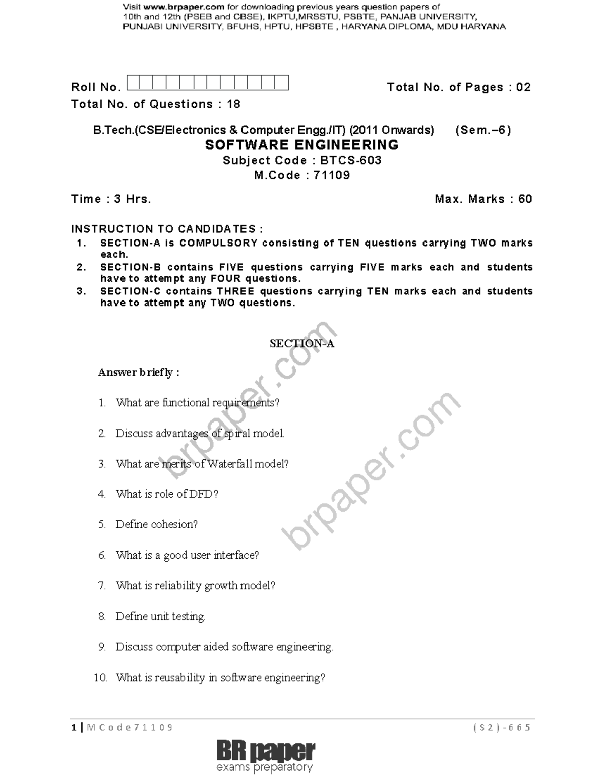 SE(6th)May2019 - Question paper of Software Engineering - 1 | M C o d e ...