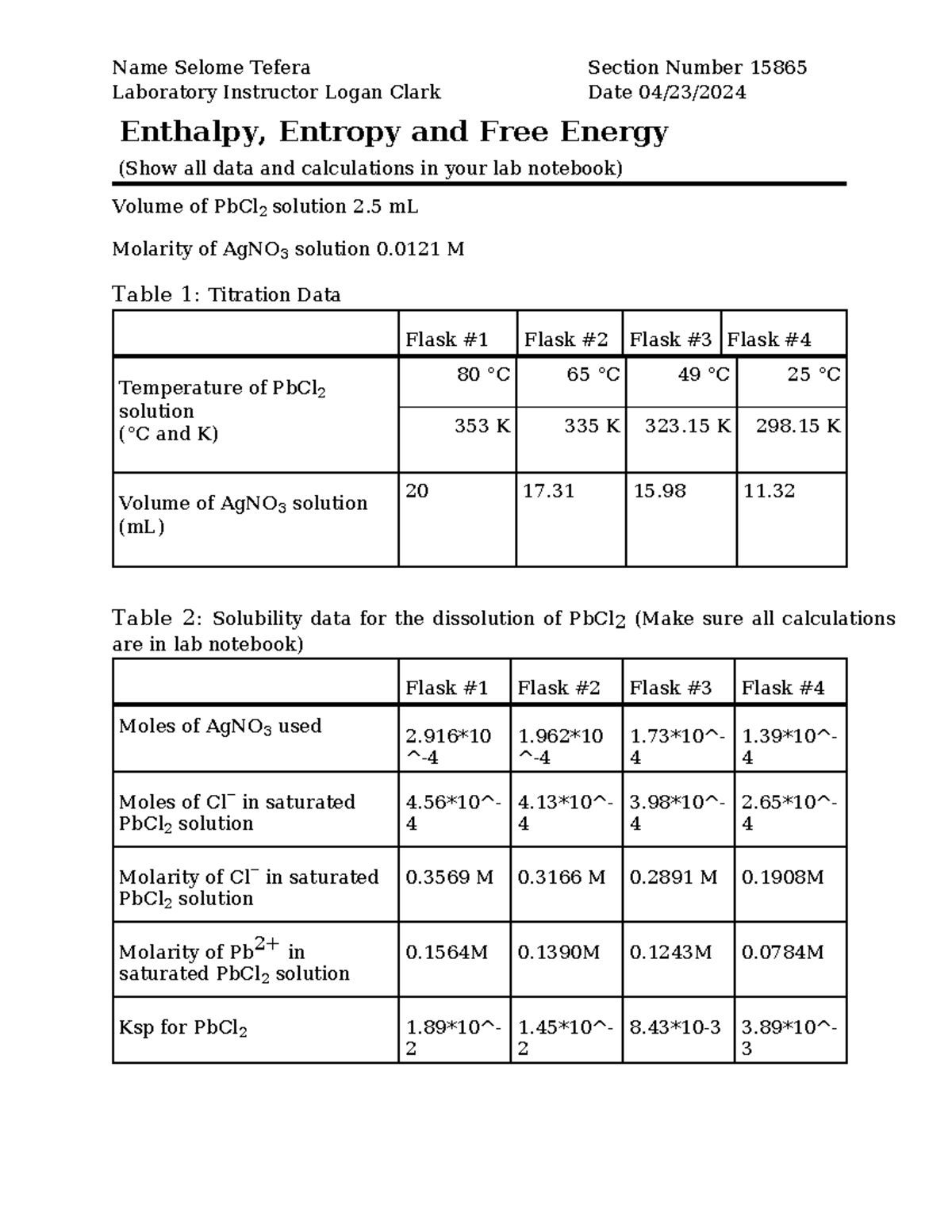09.Free Energy Submission - Name Selome Tefera Section Number 15865 Laboratory Instructor Logan ...