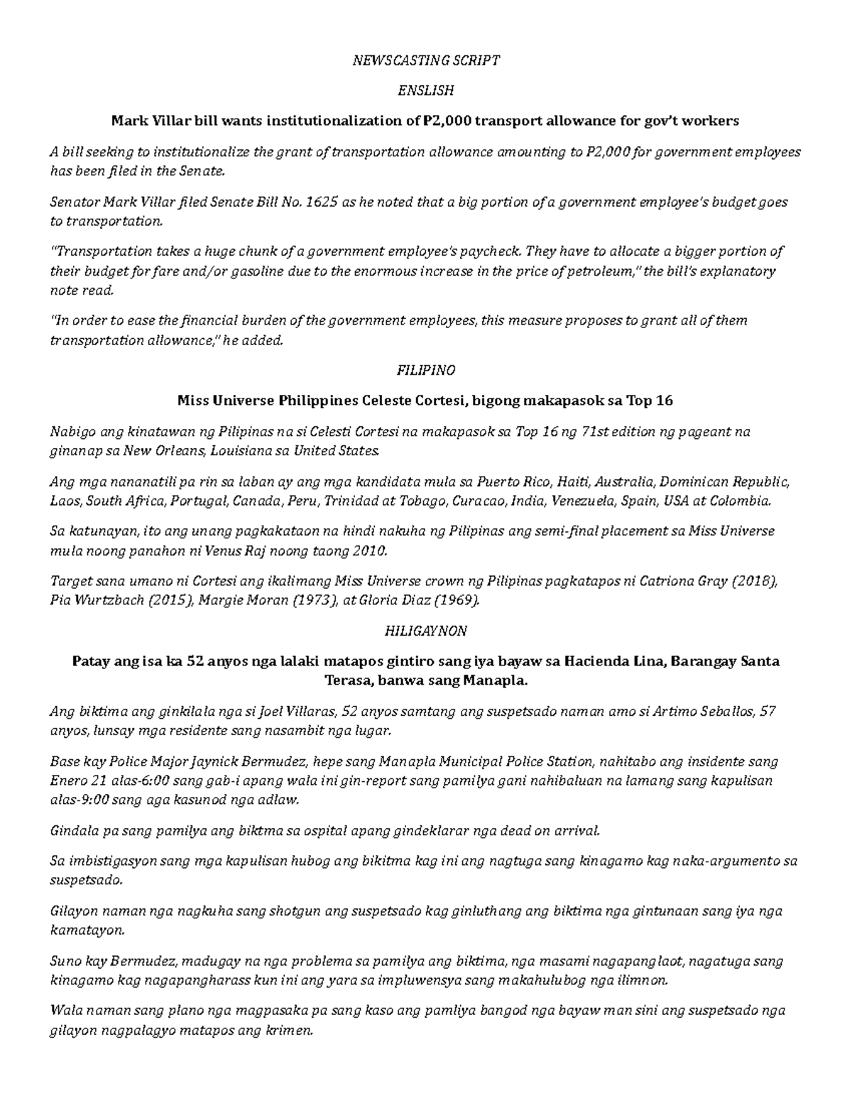 Newscasting Script - NEWSCASTING SCRIPT ENSLISH Mark Villar bill wants ...