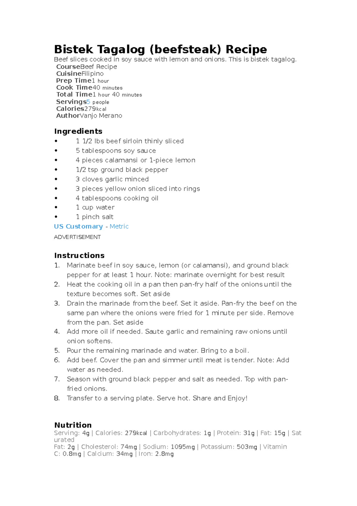 Bistek Tagalog - RECIPE materials - Bistek Tagalog (beefsteak) Recipe ...