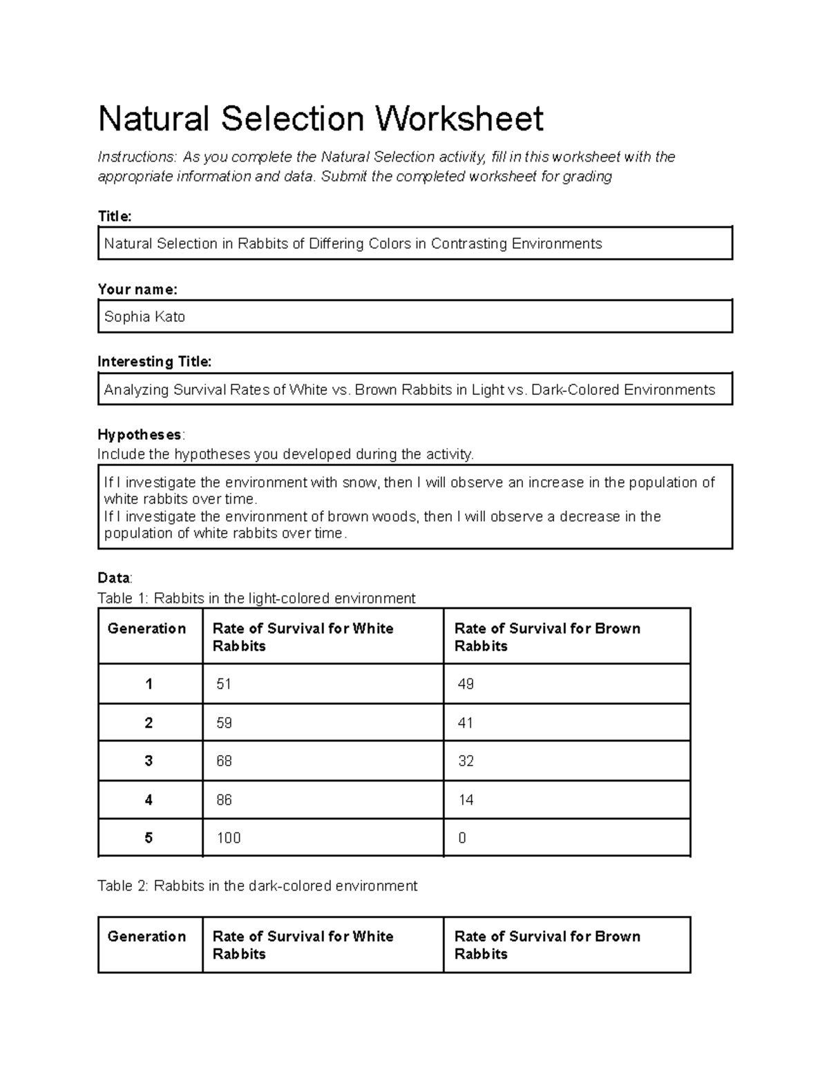 Adaptations and Succession - Natural Selection Worksheet Instructions ...