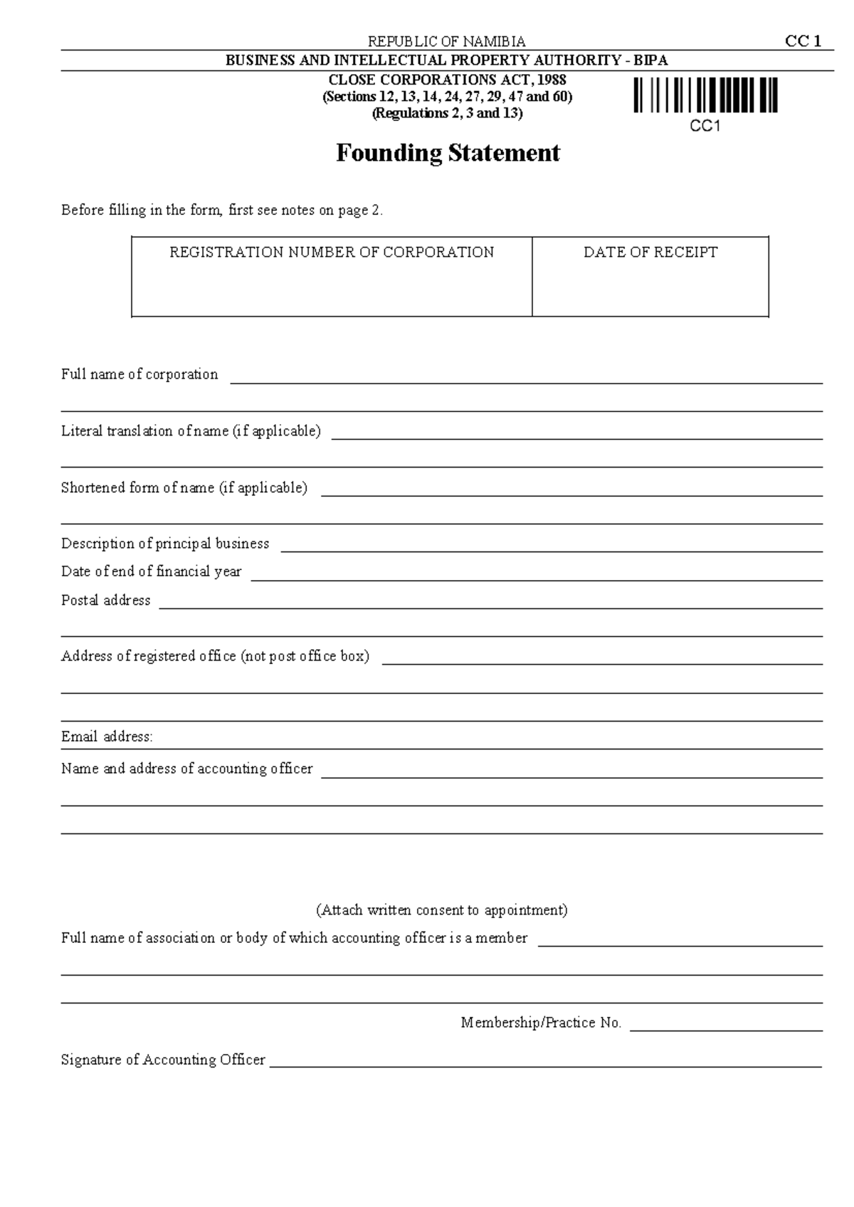CC1 -Form==Close Corporation==CC1 Founding statement - REPUBLIC OF ...