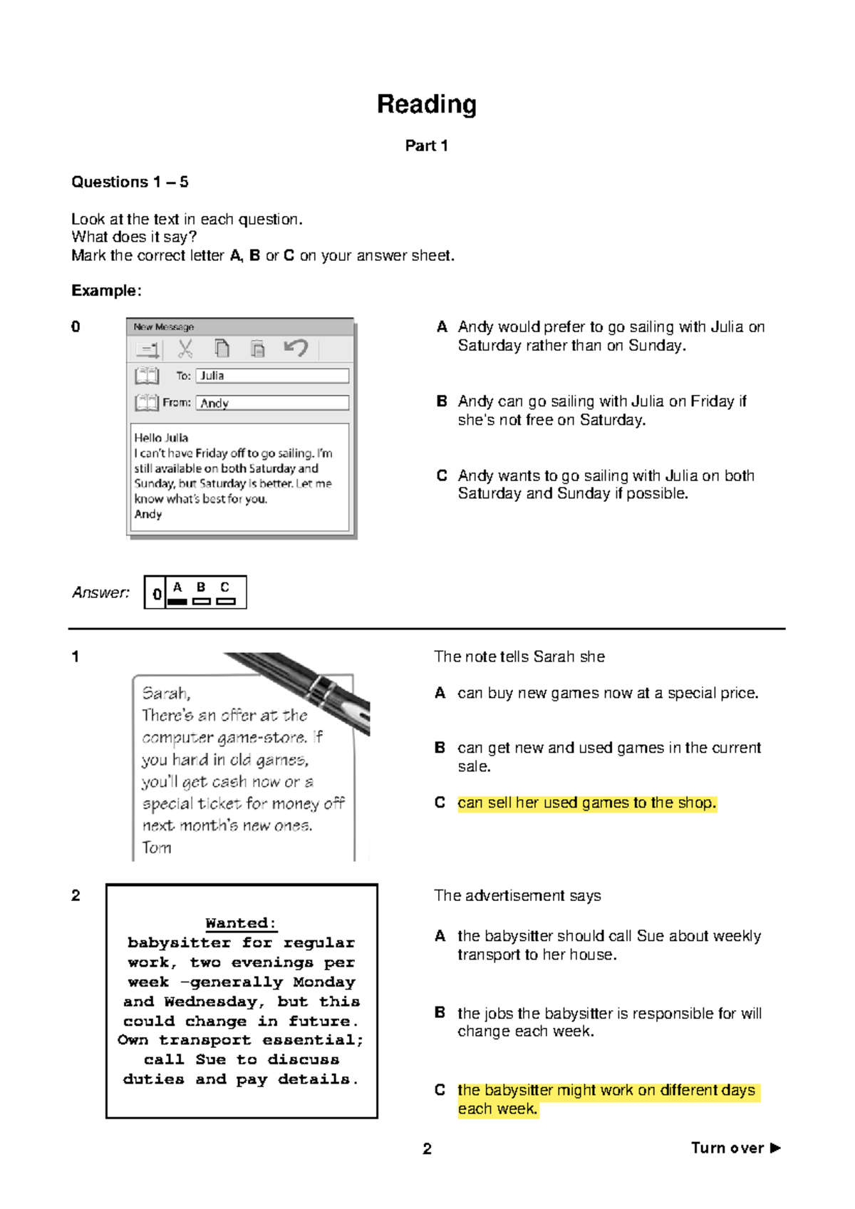 Reading AND Listening - PET Practice - Reading Part 1 Questions 1 – 5 Look at the text in each ...