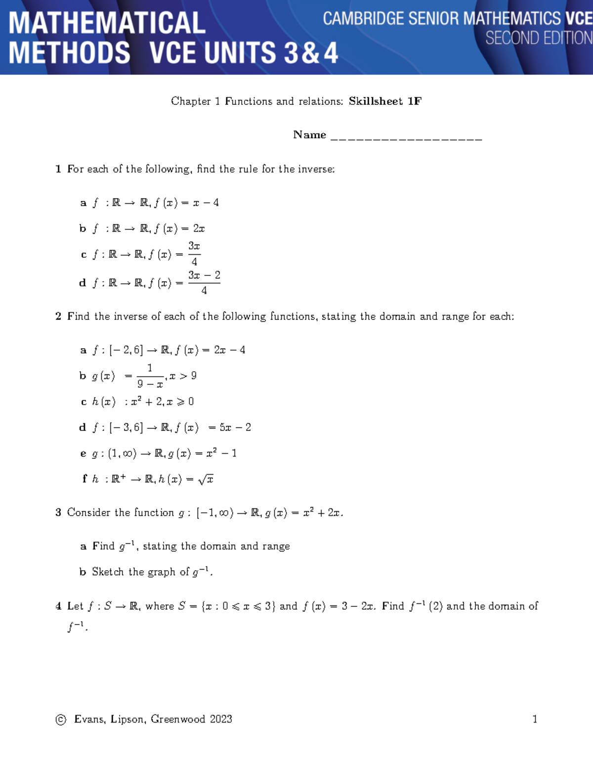 Skillsheet-1F - maths methods vce - Chapter 1 Functions and relations: Skillsheet 1F Name - Studocu