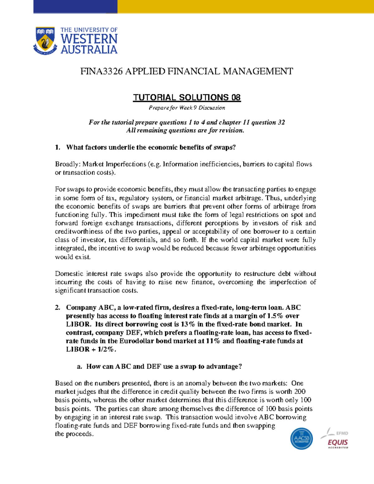 Tutorial Solutions 08 2022 - FINA3326 APPLIED FINANCIAL MANAGEMENT ...
