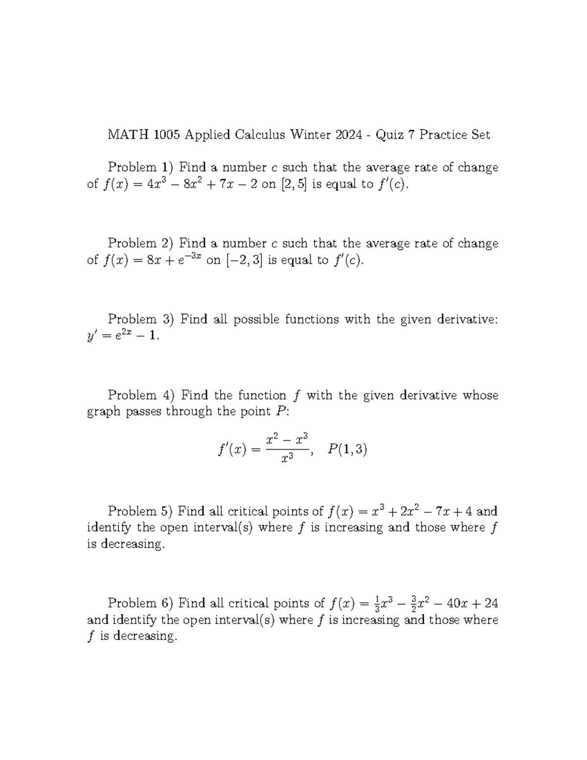 MATH 1005 - Applied Calculus Winter 2024 - Quiz 7 Practice Set - Problem 2) Find a number c such ...