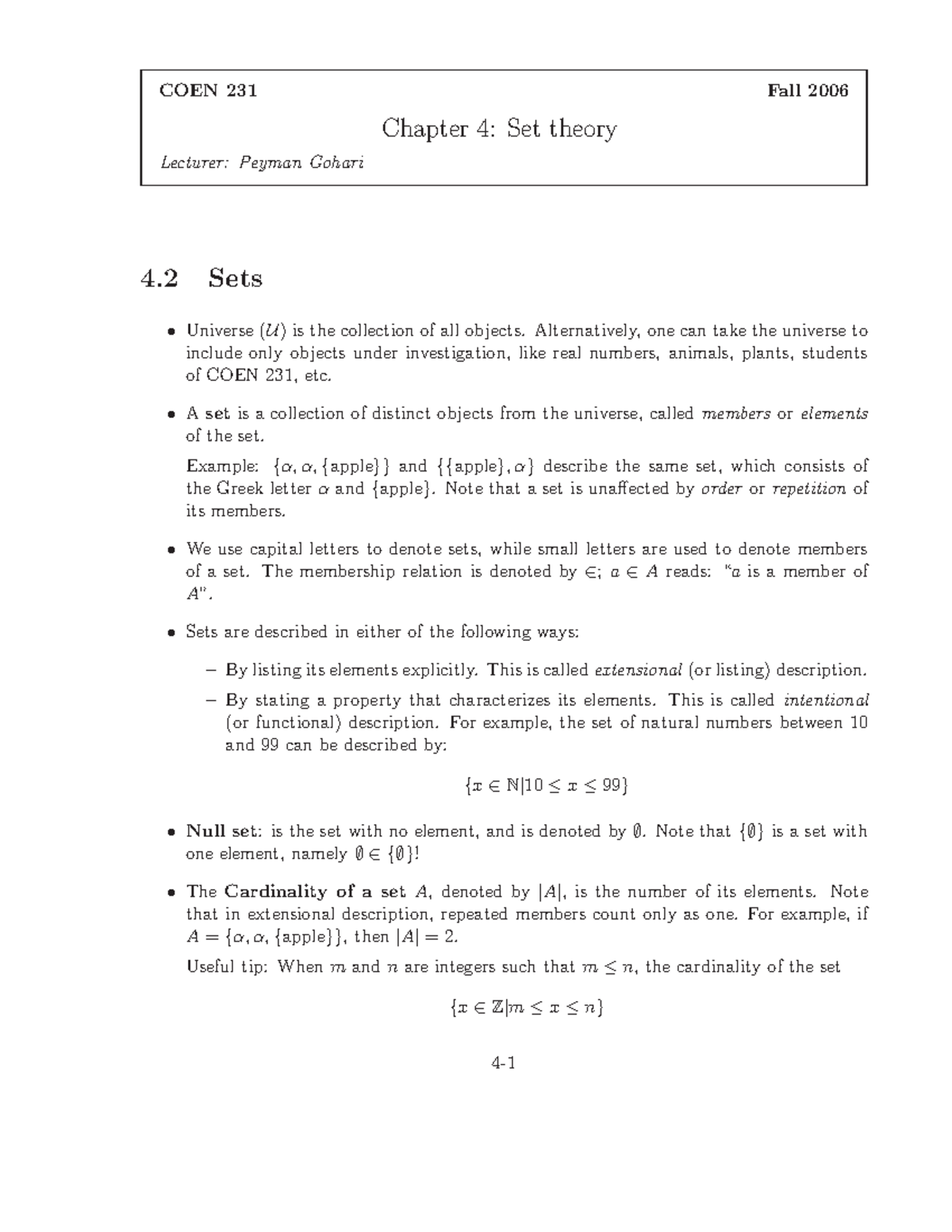 4 - COEN 231 chapter 4 - COEN 231 Fall 2006 Chapter 4: Set theory ...
