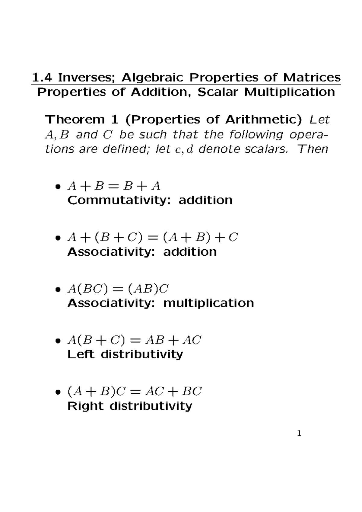 MAT2A201 - Chapter 1 Lecture Notes - 1 Inverses; Algebraic Properties ...