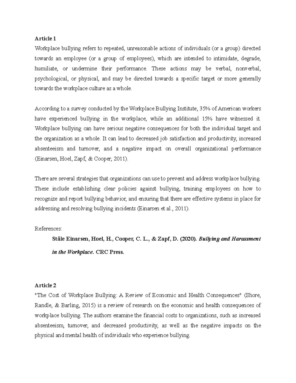 ELC Article - Article 1 Workplace bullying refers to repeated ...