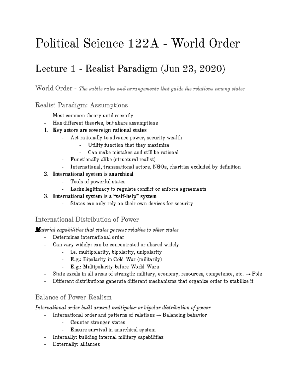 Political Science 122A - Key actors are sovereign rational states Act ...