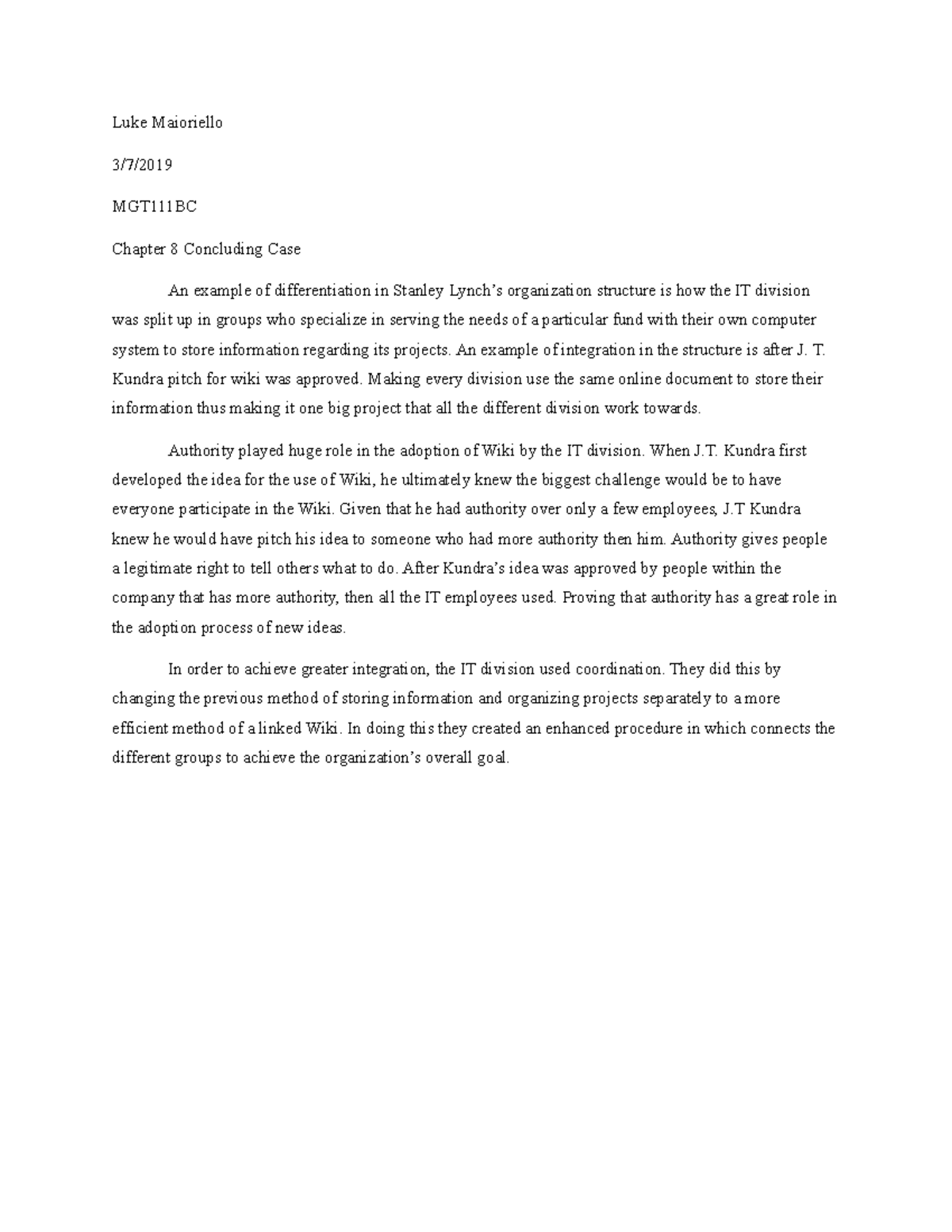 Concluding Case Chapter 8 - Luke Maioriello 3/7/ MGT111BC Chapter 8 ...