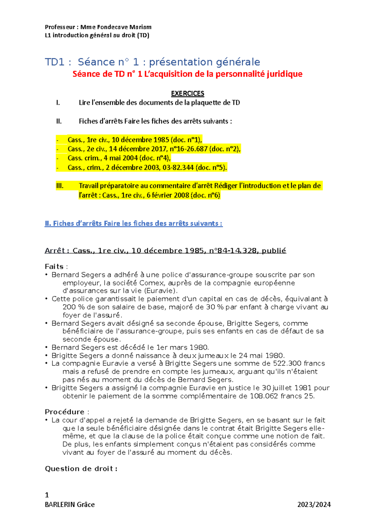 TD cours introduction général au droit - L1 introduction général au droit (TD) TD1 : Séance n° 1 ...