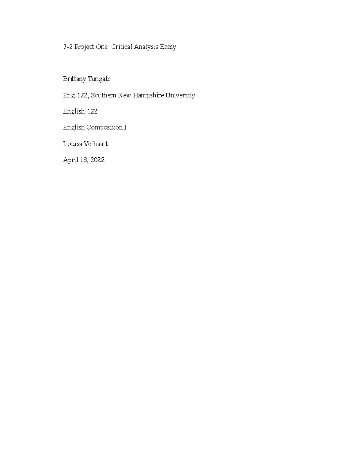 Final Draft of Critical Analysis Essay - Brittany Tungate Eng-122 ...
