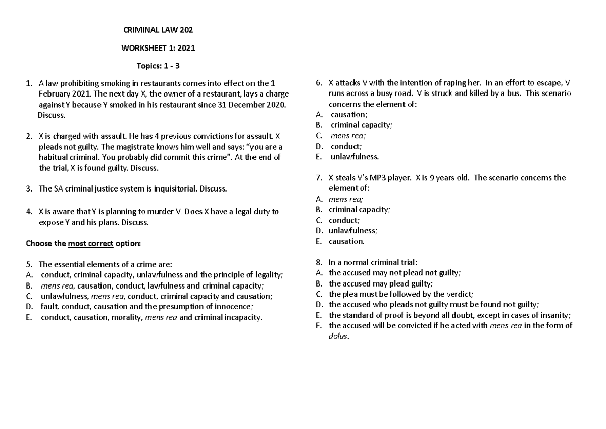 CRL202 Worksheet 1 Topics 1 to 3 2021 - CRIMINAL LAW 202 WORKSHEET 1: 2021 Topics: 1 - 3 A law ...