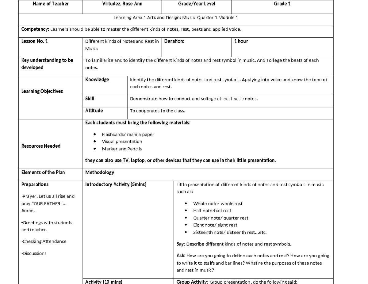 Lesson-plan - music lesson plan - Name of Teacher Virtudez, Rose Ann ...