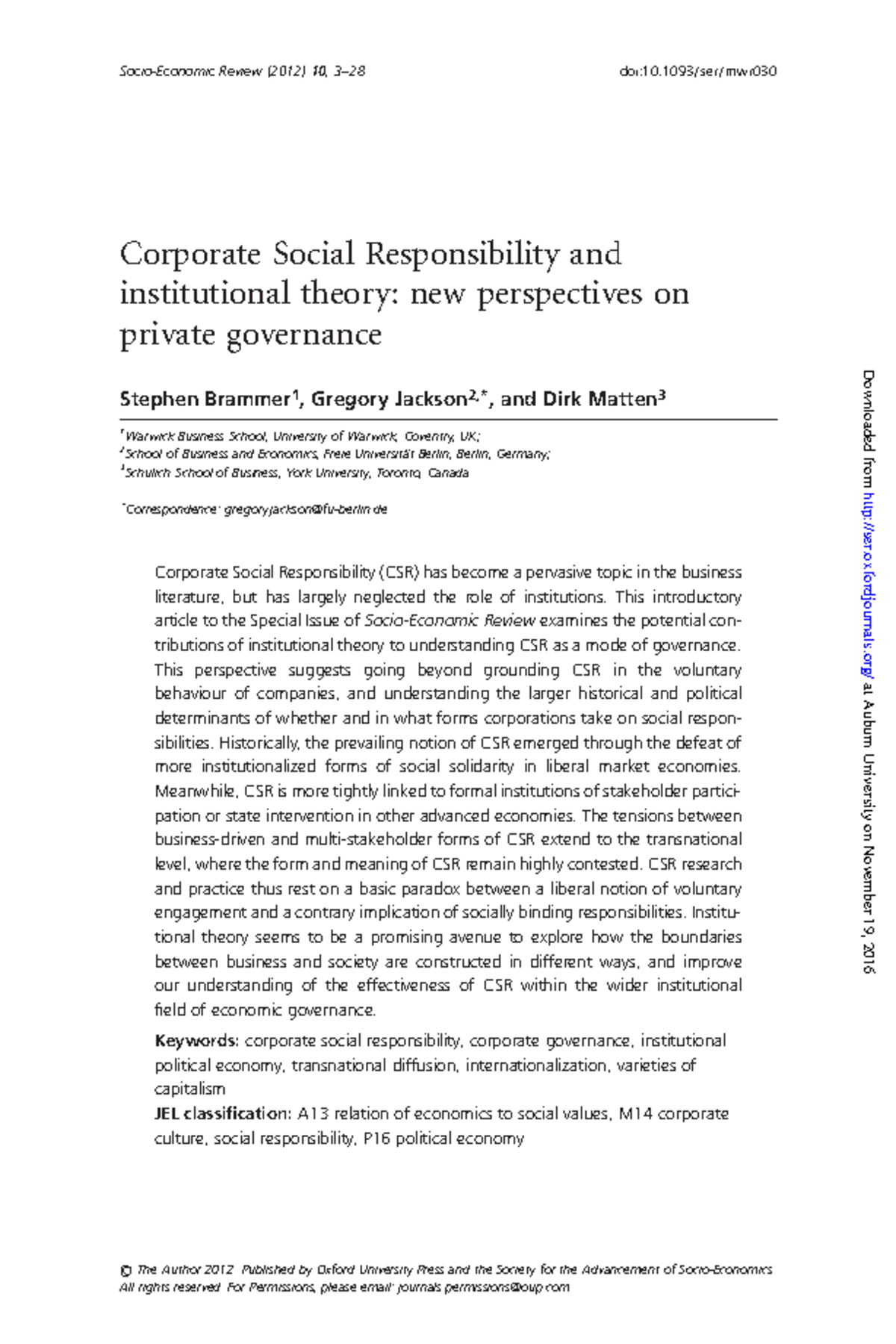 1 - Lecture notes 1 - Corporate Social Responsibility and institutional ...