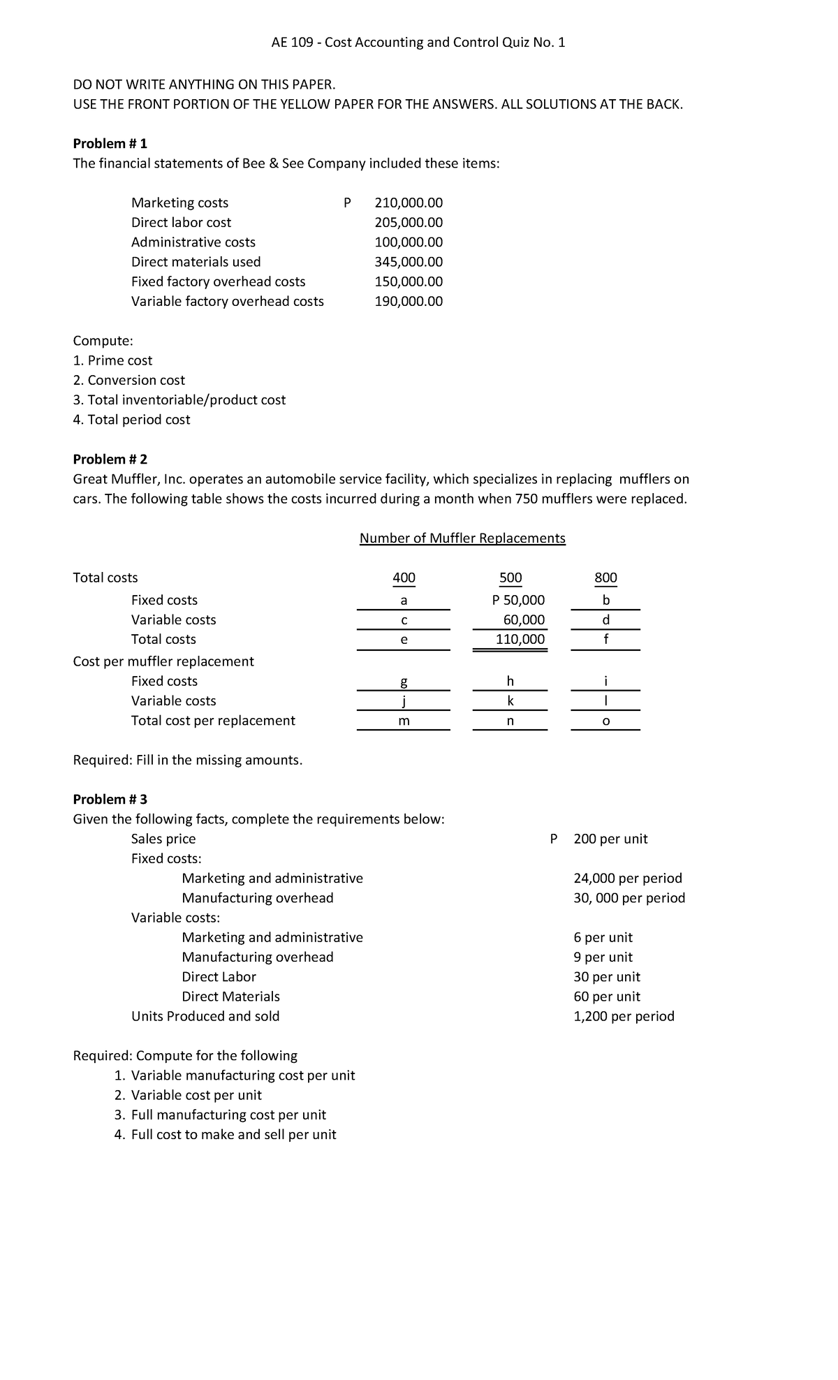 W4 quiz - okay - AE 109 - Cost Accounting and Control Quiz No. 1 DO NOT ...