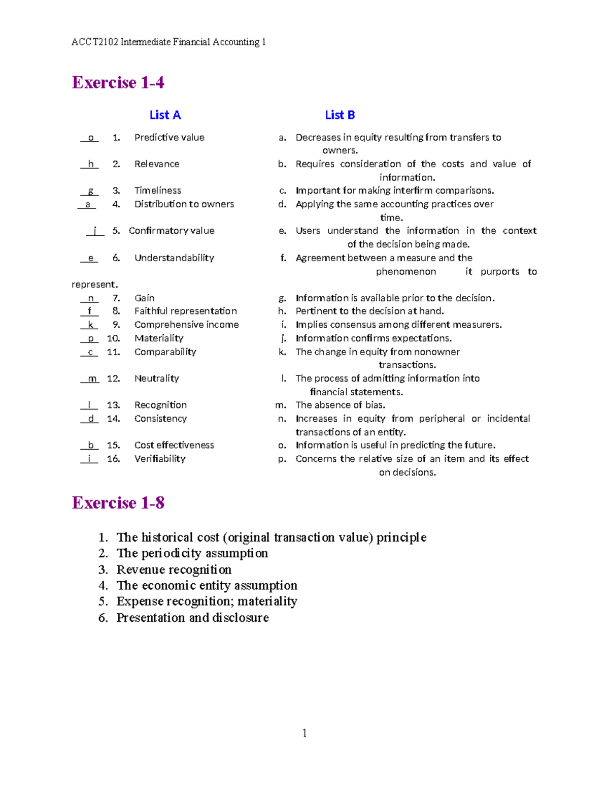Tutorial Ch.1 solutions - ACCT2102 Intermediate Financial Accounting 1 Exercise 1- List A List B ...