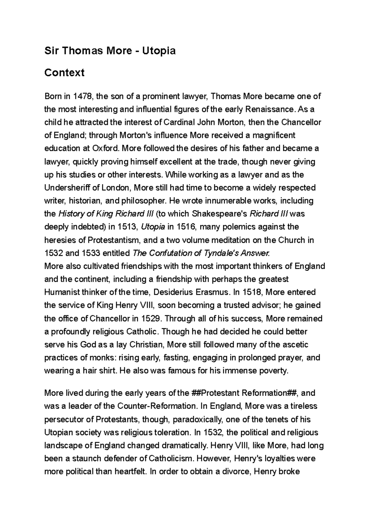 Sir Thomas More - Utopia - Context - Sir Thomas More Utopia Context ...