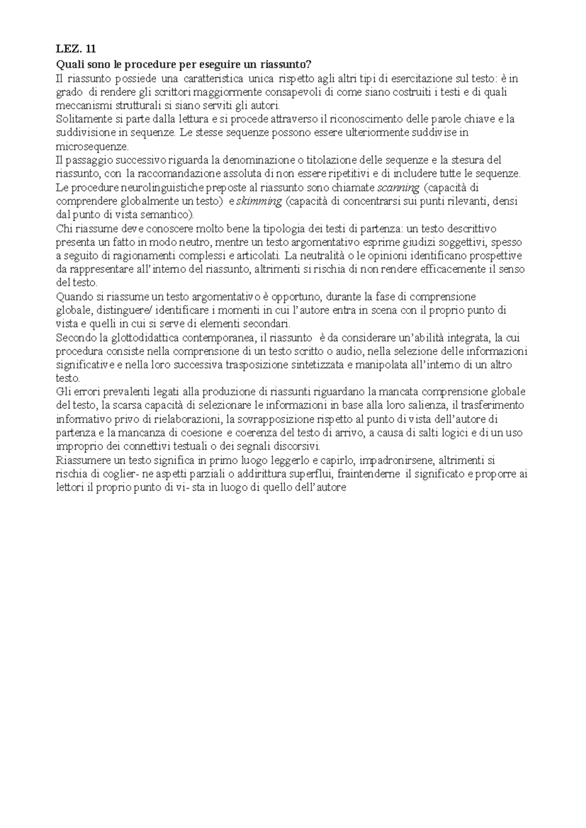 Riassunto lezione 11 - LEZ. 11 Quali sono le procedure per eseguire un riassunto? Il riassunto ...
