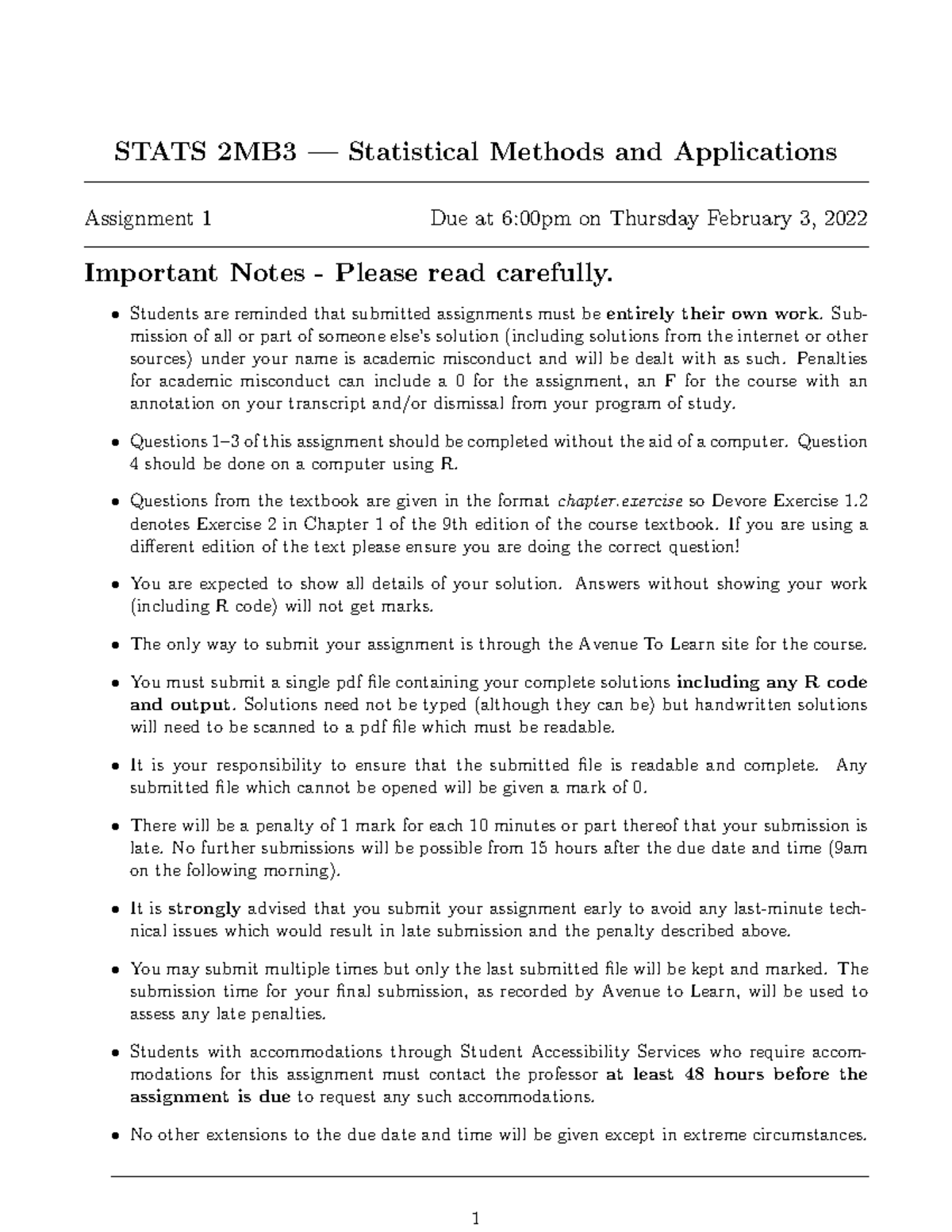 Assignment 1 - these are the only questions - STATS 2MB3 — Statistical Methods and Applications ...