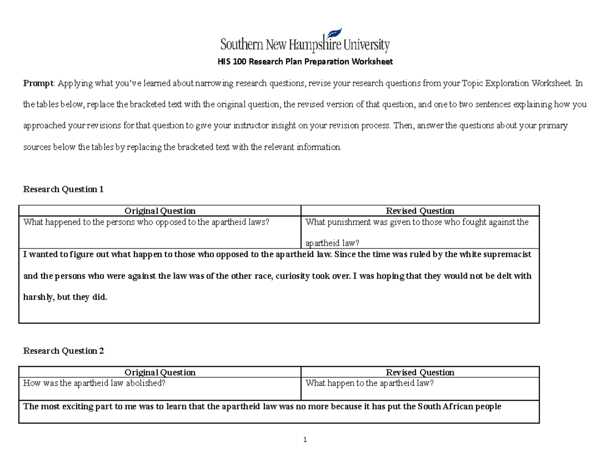 HIS 100 Research Plan Preparation Worksheet - HIS 100 Research Plan ...