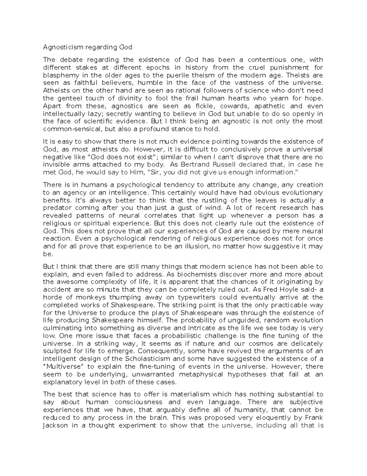 Agnosticism regarding God - Western Philosophy - Delhi University - Studocu