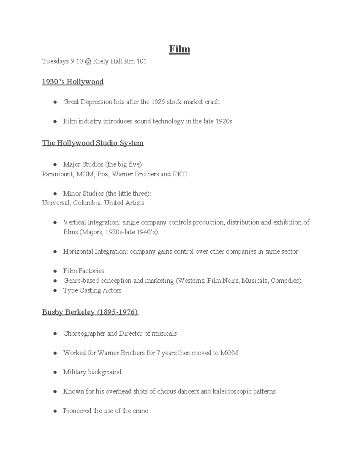 History Cinema 1930-70 Lecture Notes - Film Tuesdays 9:10 @ Kiely Hall ...