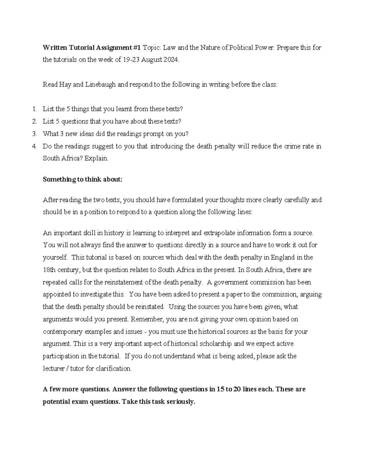 Tutorial One Questions - Written Tutorial Assignment #1 Topic: Law and ...