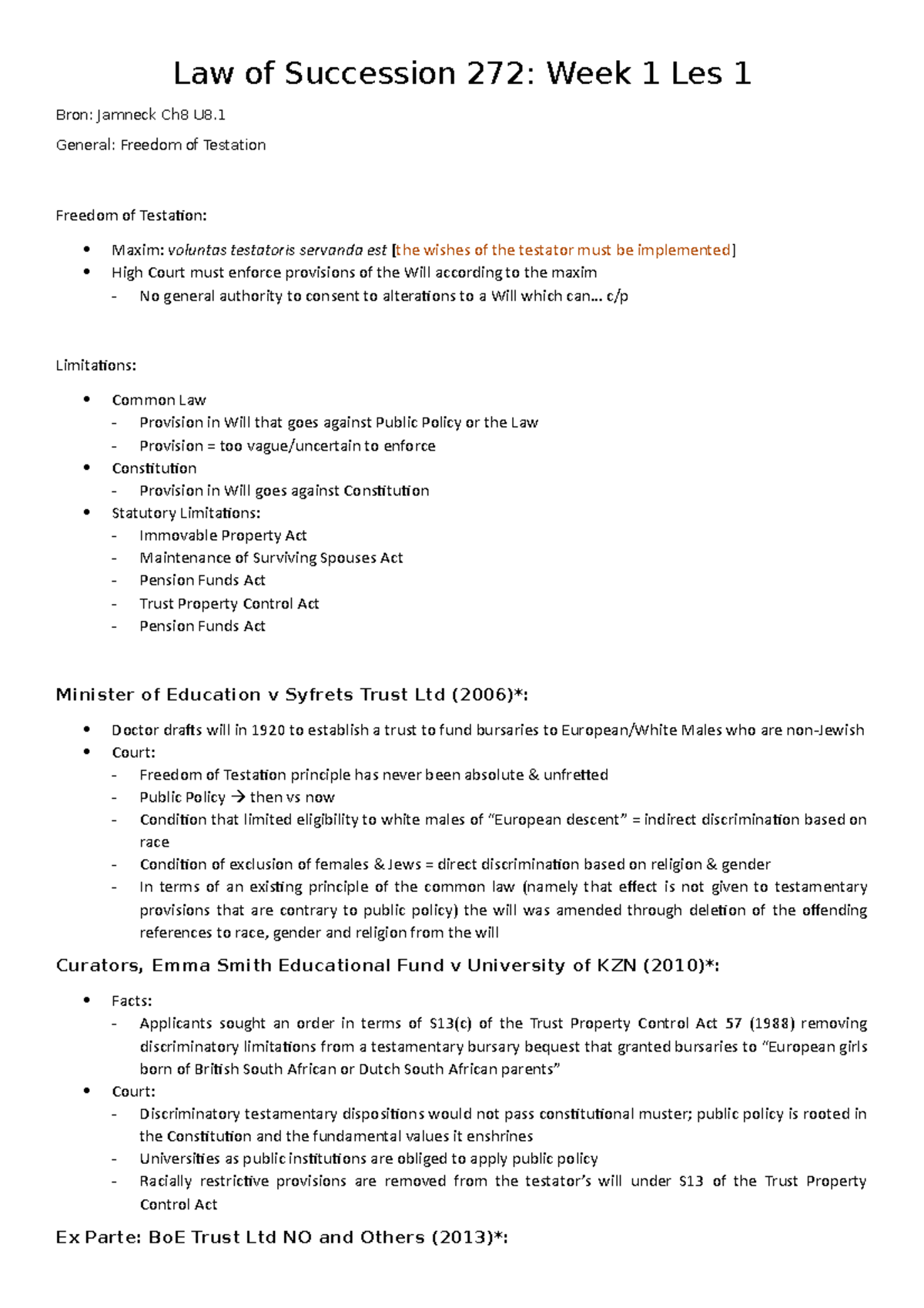 Semester 2 Notes - Bron: Jamneck Ch8 U8. General: Freedom of Testation ...