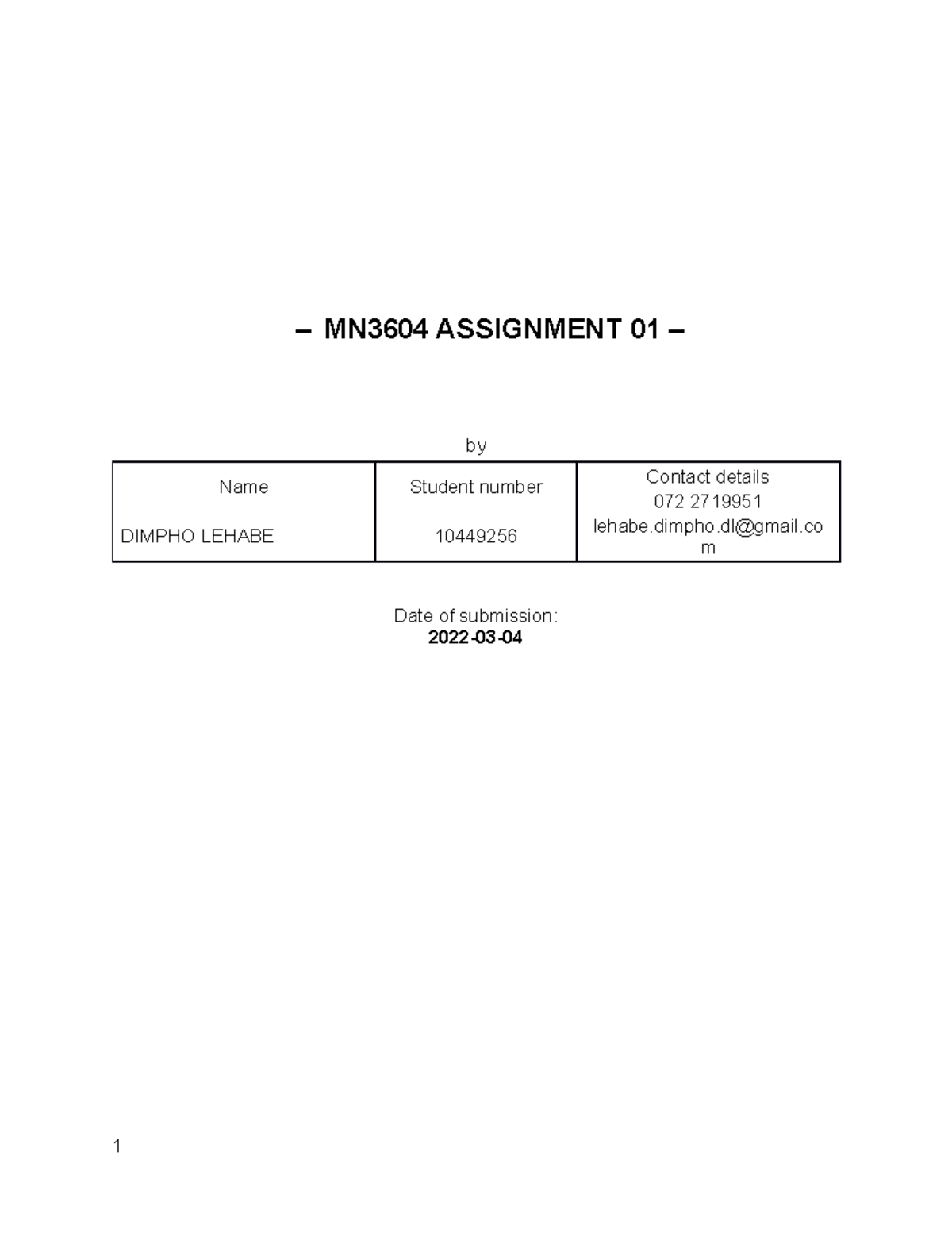 MN3604 Assignment 01 Dimpho L - – MN3604 ASSIGNMENT 01 – by Name DIMPHO ...