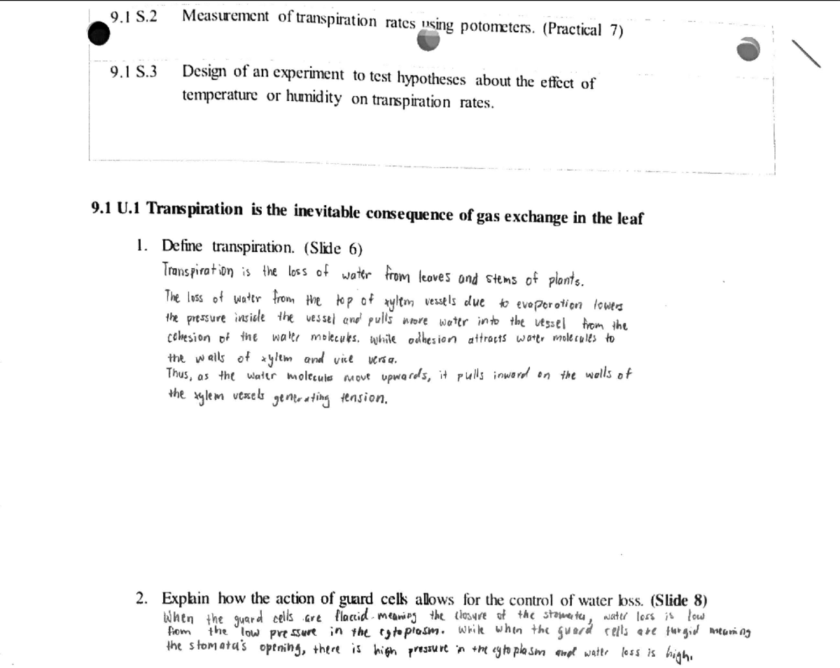 Chapter 9 Plant Biology Student Notes - Studocu