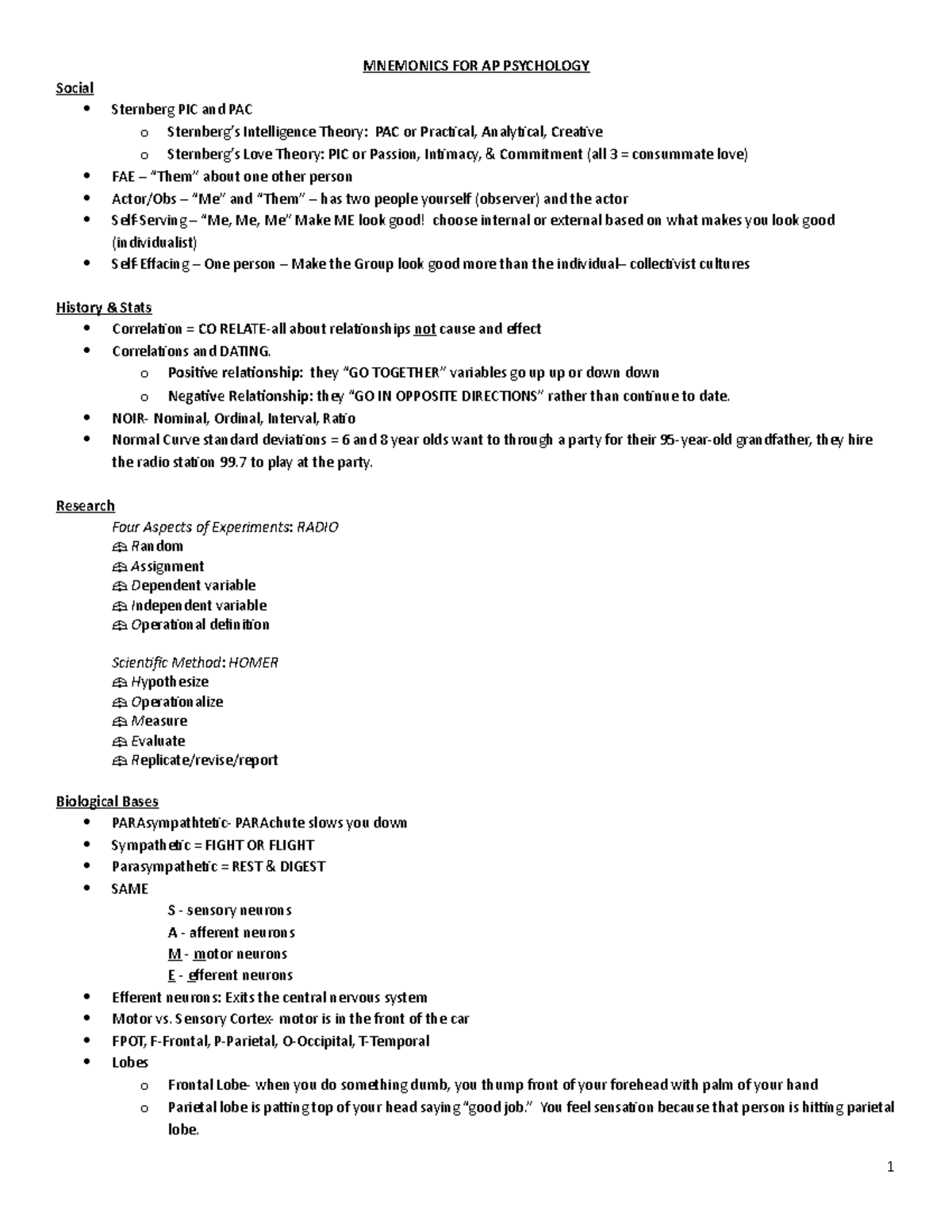 Mnemonic-ap-review - Review - MNEMONICS FOR AP PSYCHOLOGY Social ...
