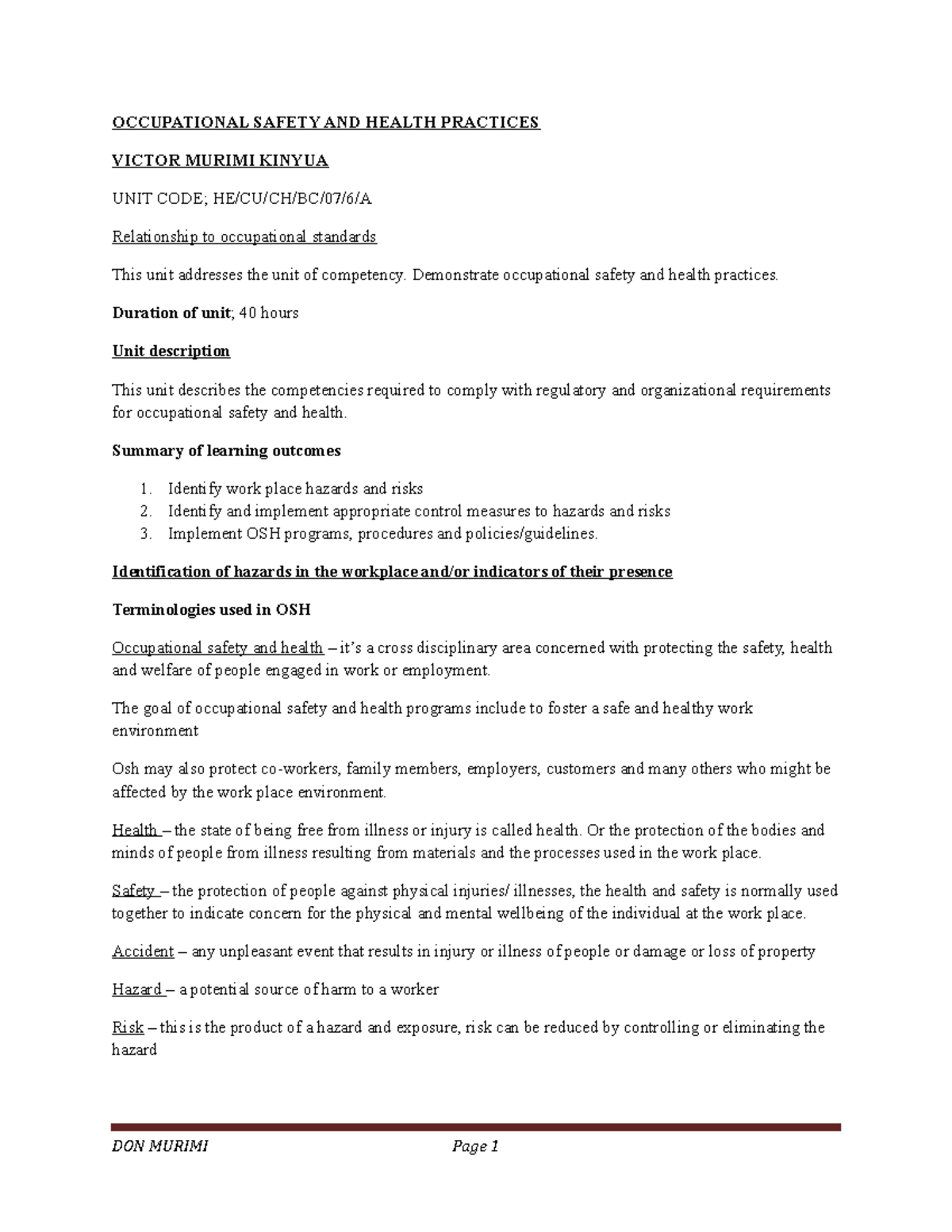 Occupational Safety AND Health Practices - OCCUPATIONAL SAFETY AND ...